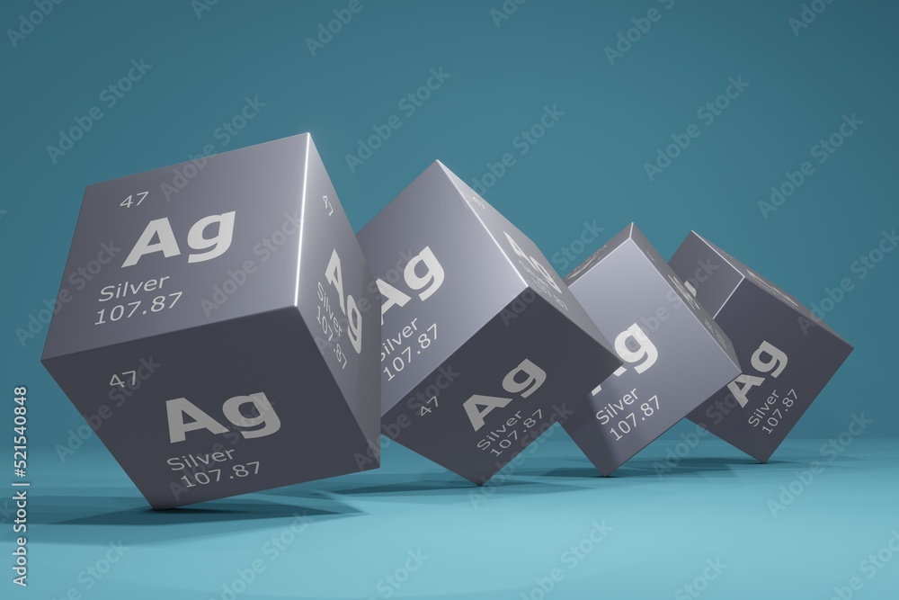 3D illustration of silver, chemical element from the periodic table ...