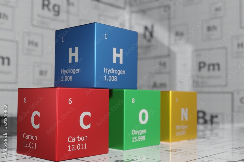 3D illustration of cubes of the elements of the periodic table, carbon ...