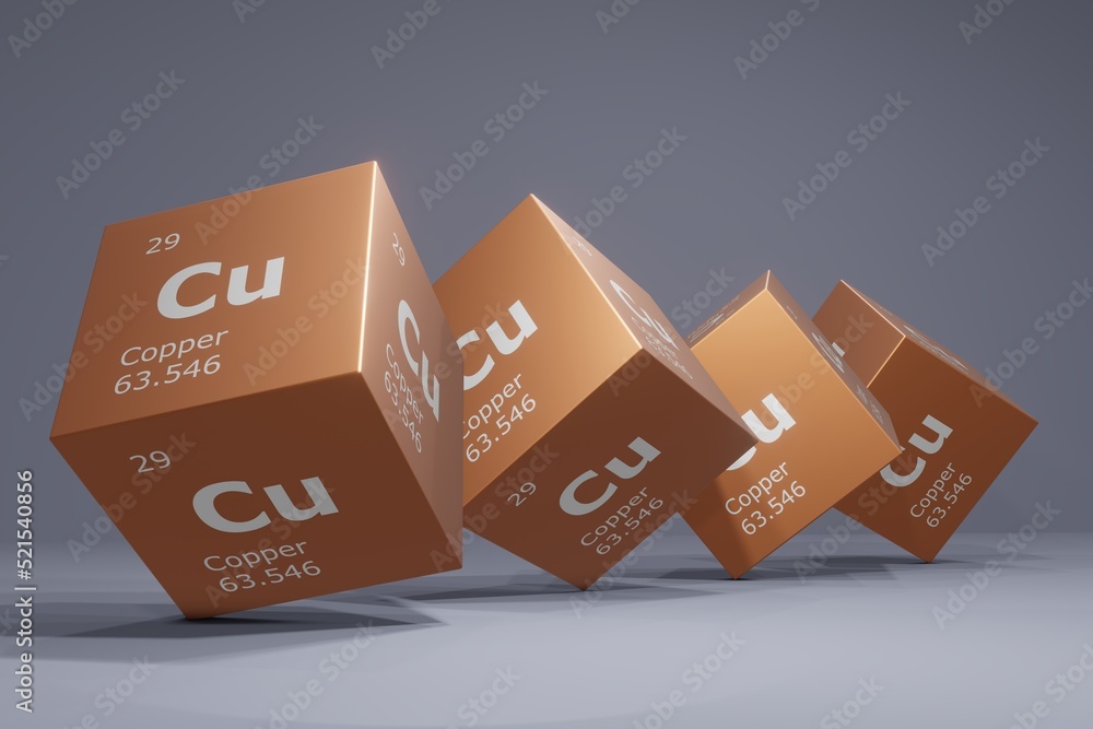 3D illustration of copper, chemical element of the periodic table ...