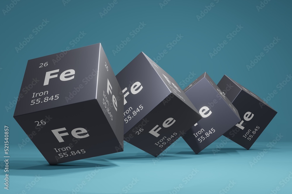3D illustration of iron, chemical element of the periodic table ...