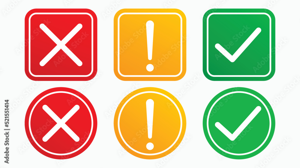 Set of flat round check mark, exclamation point, X mark icons, buttons ...