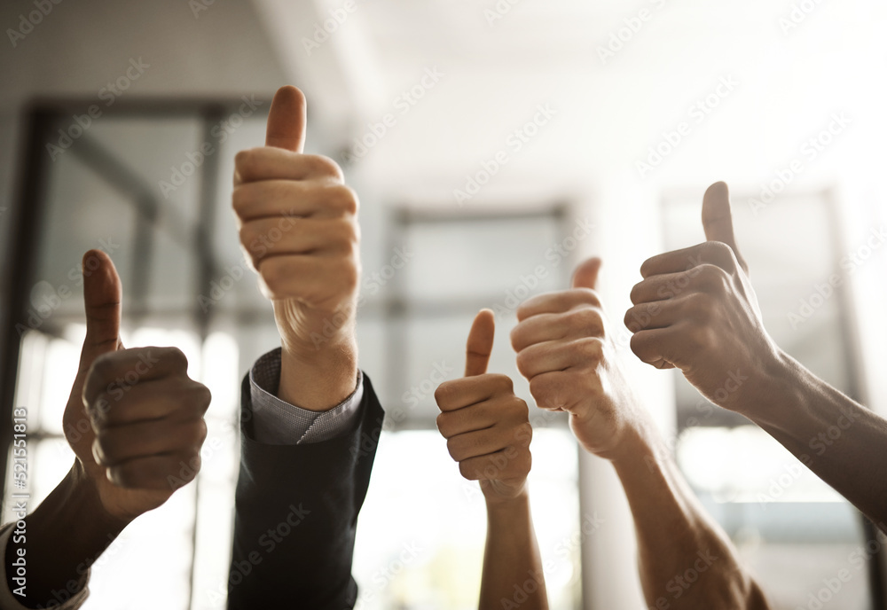Teamwork, collaboration and thumbs up sign from diverse businesspeople ...