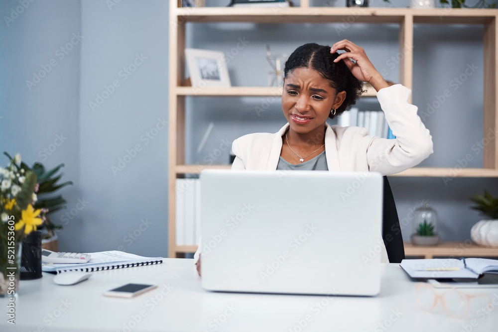 Confused, stressed and angry business woman reading email and ...