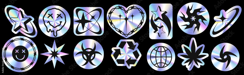 Holographic y2k rave foil Set of Abstract Trendy stickers, barb wires ...