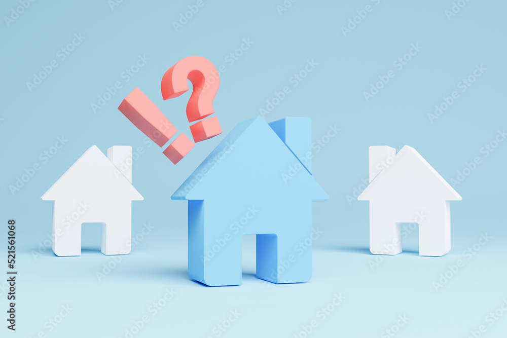 House with Exclamations and Question Marks isolated blue background ...