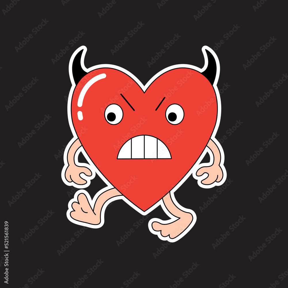 Funny angry heart sticker with horns in retro comics style. Cartoon ...