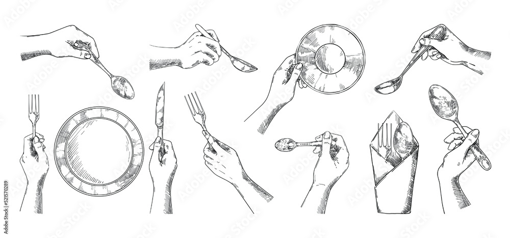 Sketch hands with cutlery. Top view of vintage dish on dinner table ...