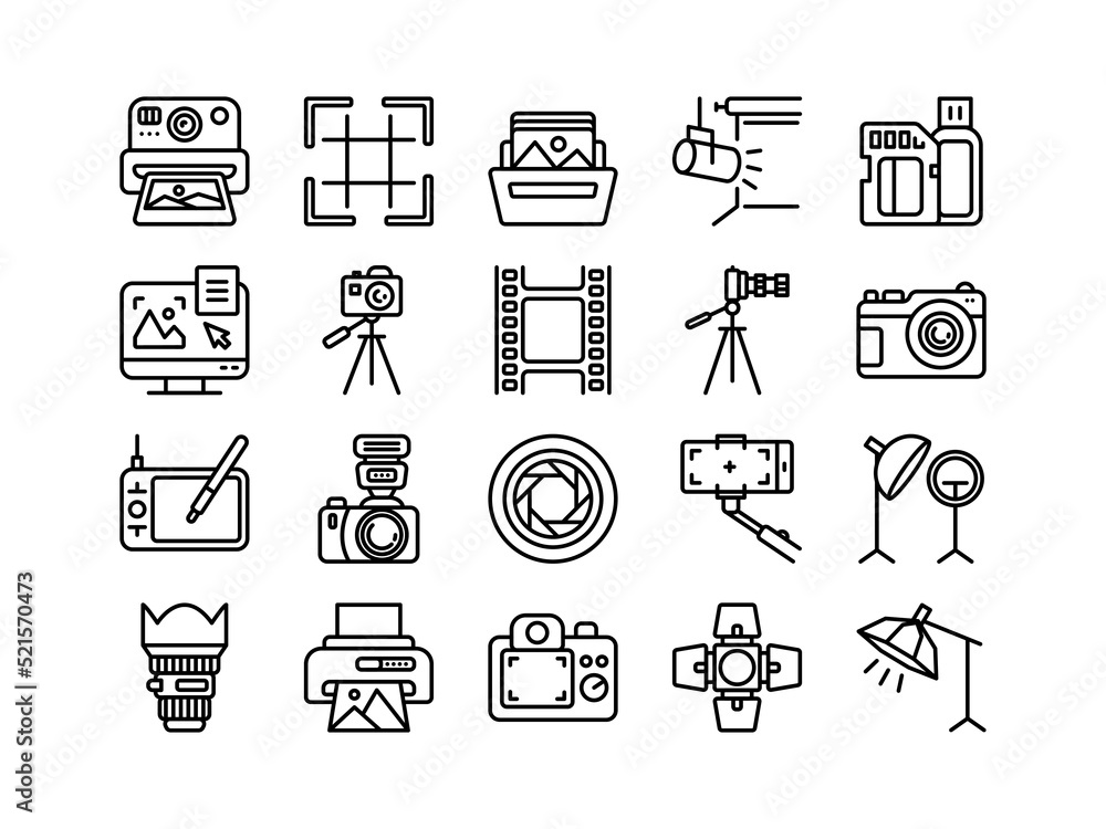 Photo camera icons. Line photography pictograms. Outline portrait ...