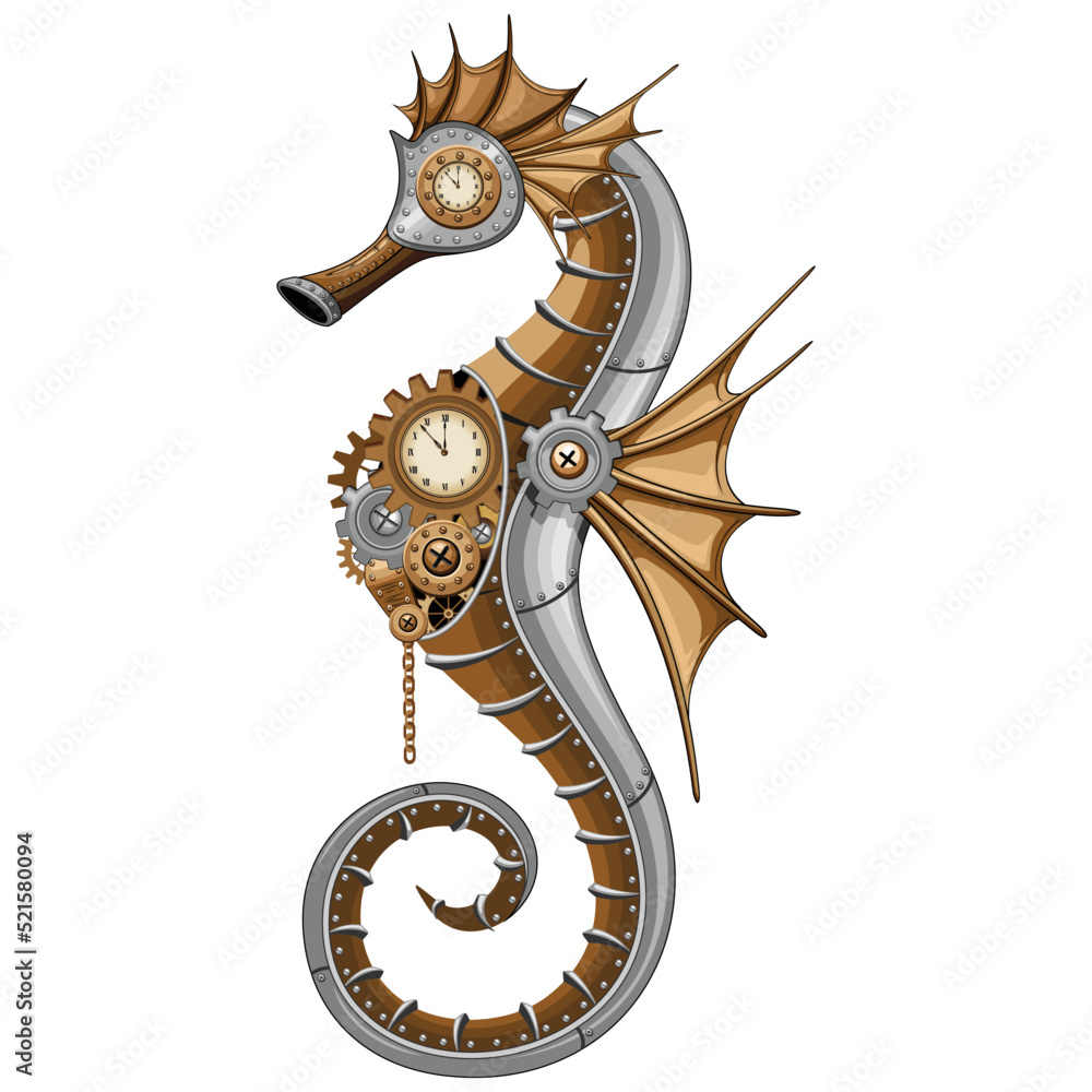 Steampunk Seahorse Vintage Surreal Art Vector Illustration isolated on ...