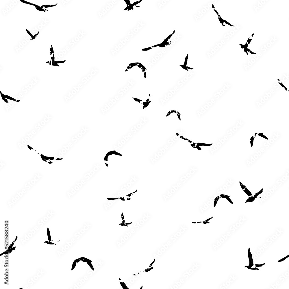 Seamless grunge pattern with black flying birds on white background ...