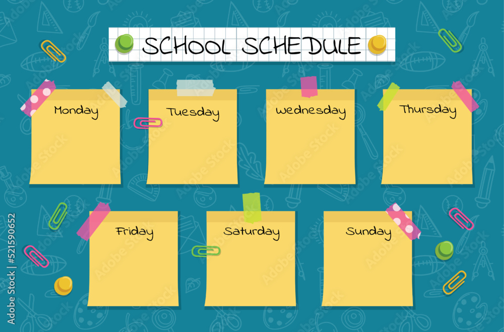 Kids school schedule. Daily study plan on timetable. Childish note ...