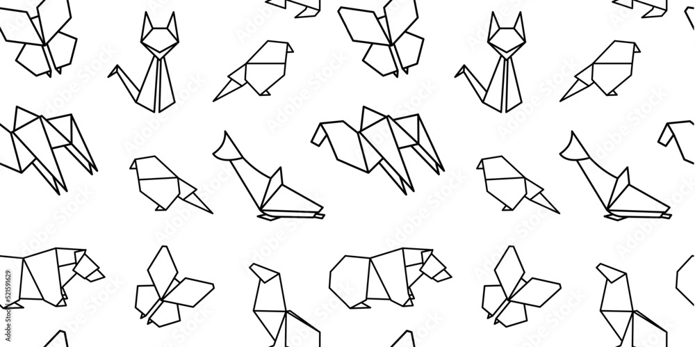Origami animal pattern. Doodle print with black line Japan paper toy ...