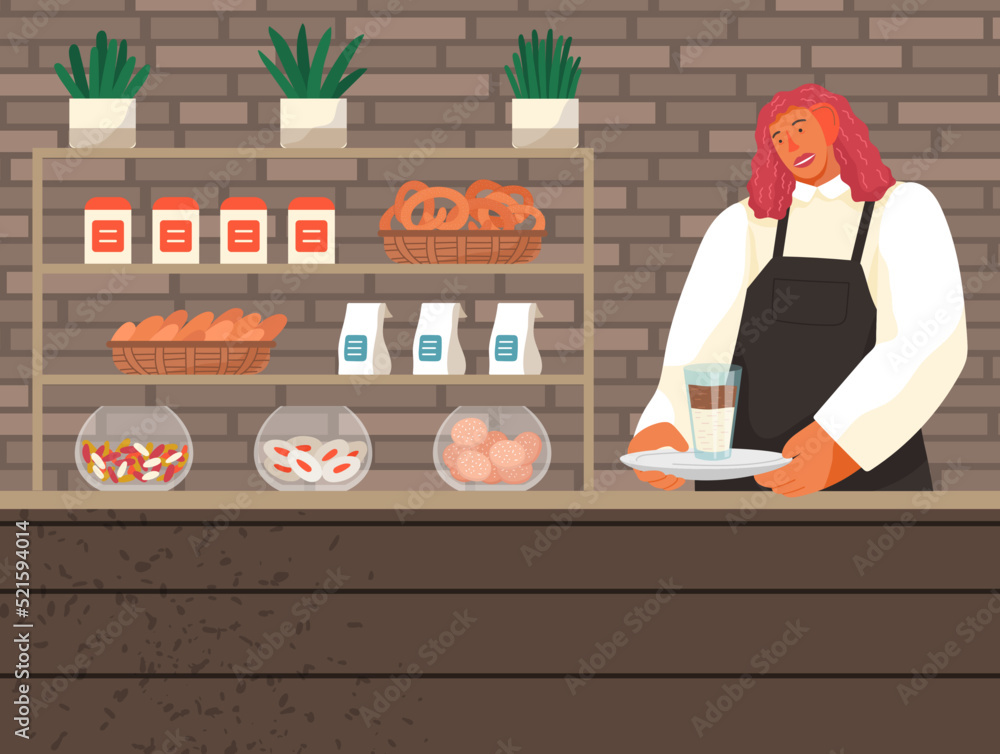 Coffee shop design element with barista standing behind of bar counter ...