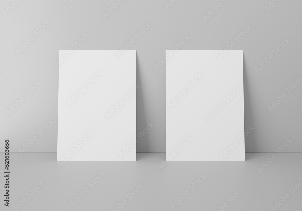Empty 2 White Vertical Rectangle A4 Paper Sheet Mockup On Floor Over Grey Wall 3d Rendering