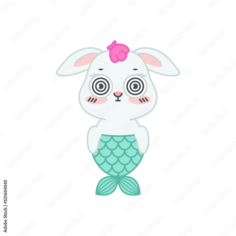 Cute little rabbit with a mermaid tail. Flat cartoon illustration of a ...