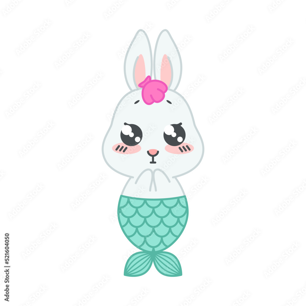 Cute little rabbit with a mermaid tail. Flat cartoon illustration of a ...