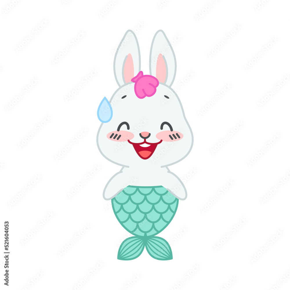 Cute little rabbit with a mermaid tail. Flat cartoon illustration of a ...