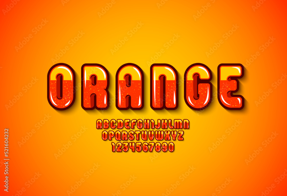 Orange font, alphabet in the cartoon style, bright rounded letters and ...