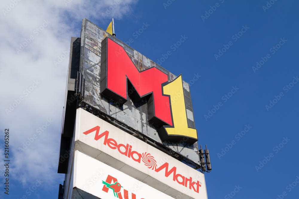M1 Kraków mall logo. Indoor shopping center large signboard, with brand ...