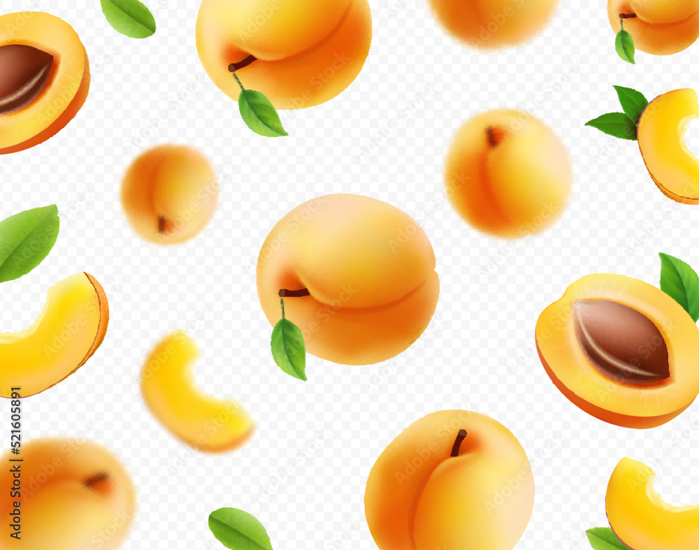 Apricot fall background. Realistic apricot with green leaf on ...