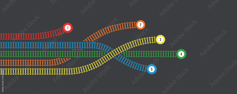 Vector illustration of curved railroad with marks isolated on dark ...