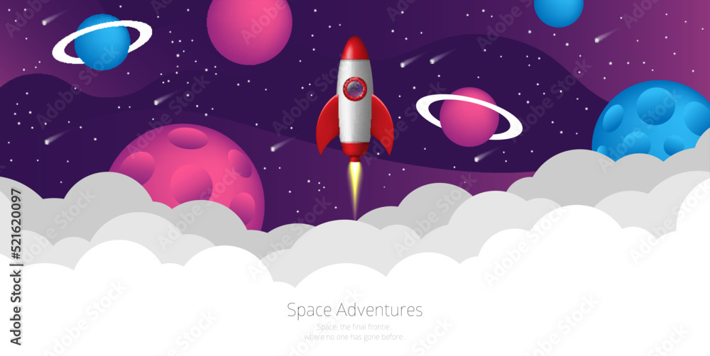 Space background with rocket. Galaxy and universe space cartoon poster ...