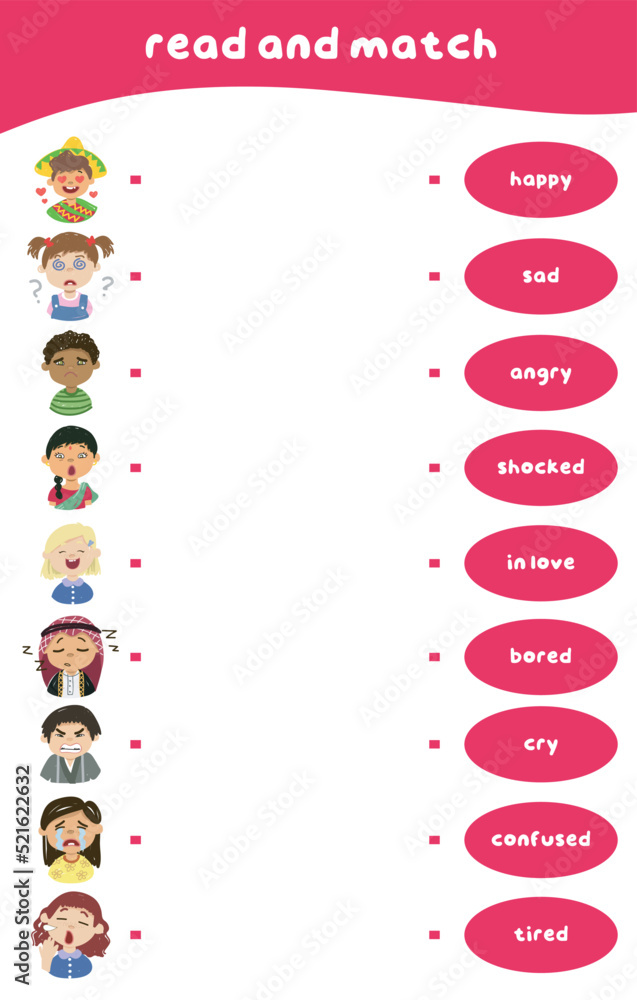 Read and match worksheet game. Feeling vocabulary with cute kids ...