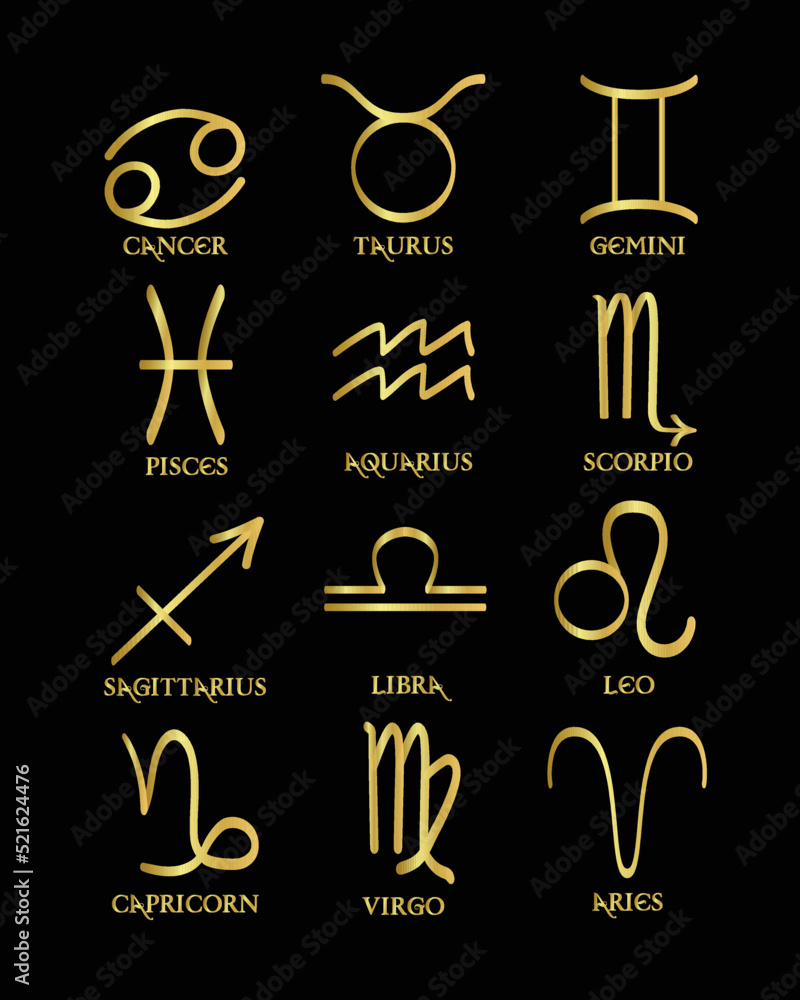 Hand drawn vector gold symbols of zodiac signs. Horoscope sign symbols ...