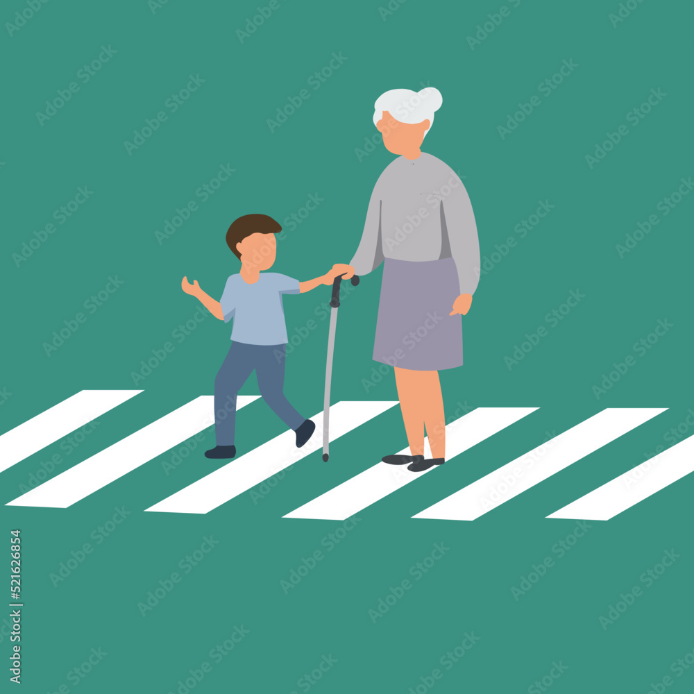 Vector illustration background of polite boy help grandmother cross ...
