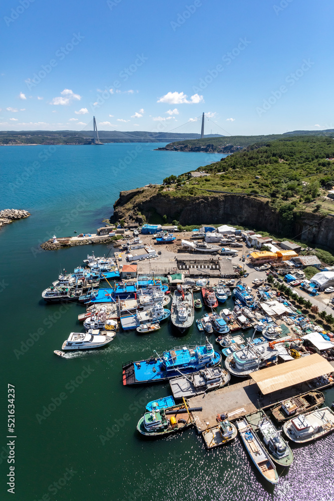 Aerial view of the Rumelian fishing port and the Yavuz Sultan Selim ...