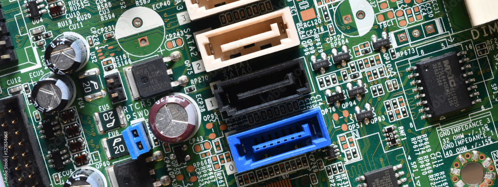 Detail of SATA ports on Modern Computer Motherboard. long. banner web ...