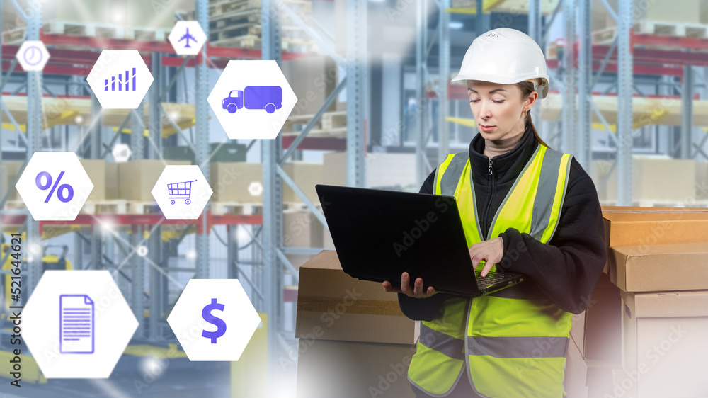 Woman works in logistics warehouse. Logistics warehouse employee ...