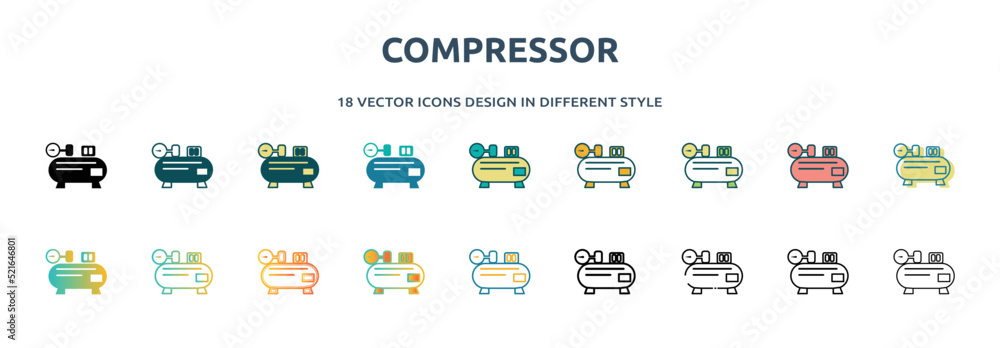 compressor icon in 18 different styles such as thin line, thick line ...