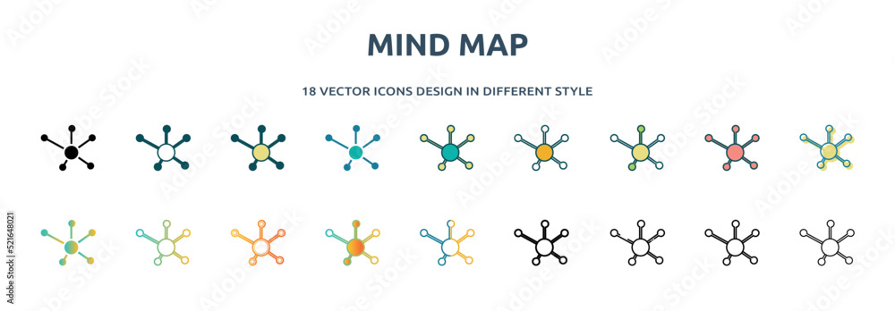 mind map icon in 18 different styles such as thin line, thick line, two ...