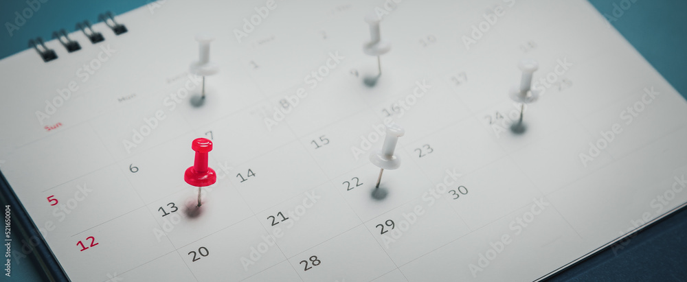 Embroidered red pins on a calendar event Planner calendar,clock to set ...