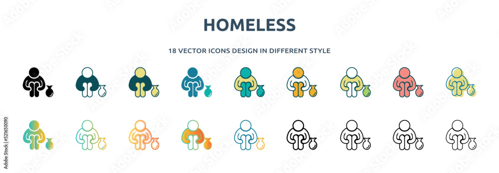homeless icon in 18 different styles such as thin line, thick line, two color, glyph, colorful ...