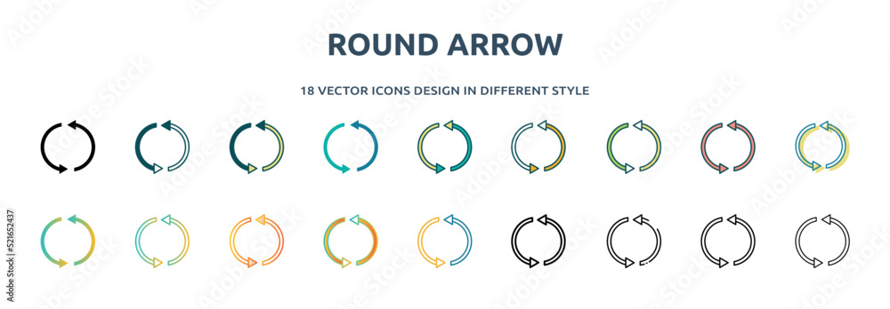 round arrow icon in 18 different styles such as thin line, thick line ...