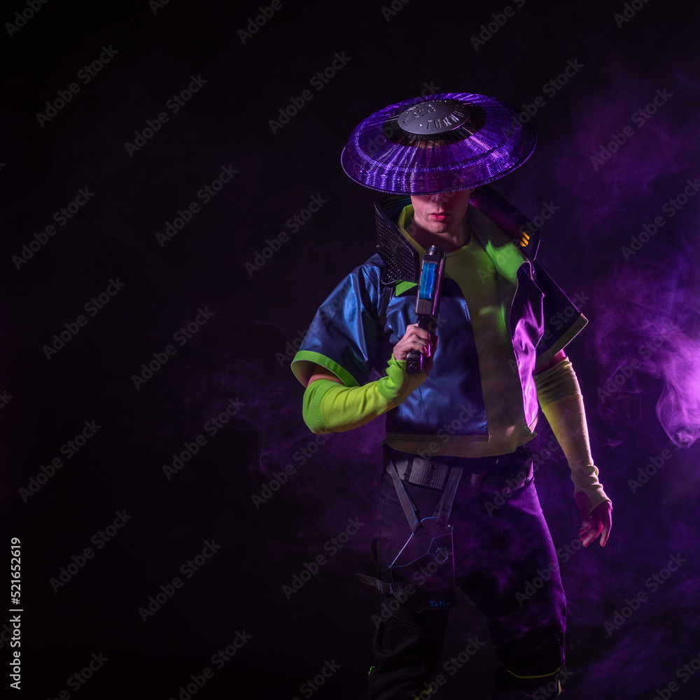 Cyborg killer in an Asian hat, a futuristic character with a gun in his ...