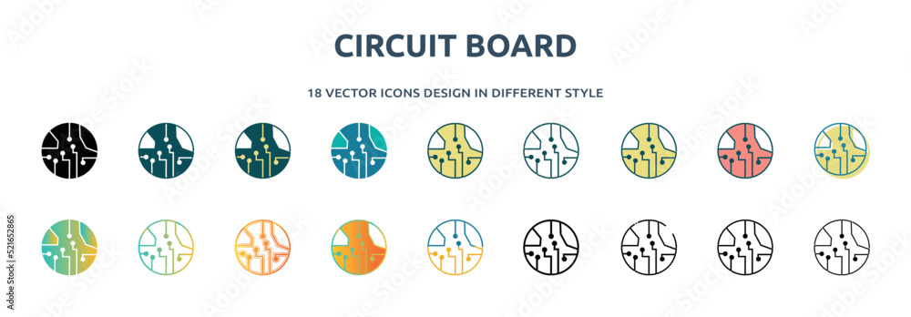 circuit board icon in 18 different styles such as thin line, thick line ...