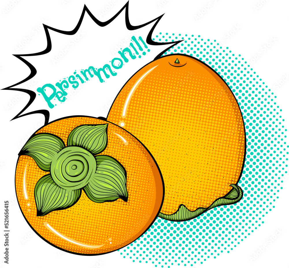 Two whole persimmons illustration. Exotic fruit close up. Vector bright ...