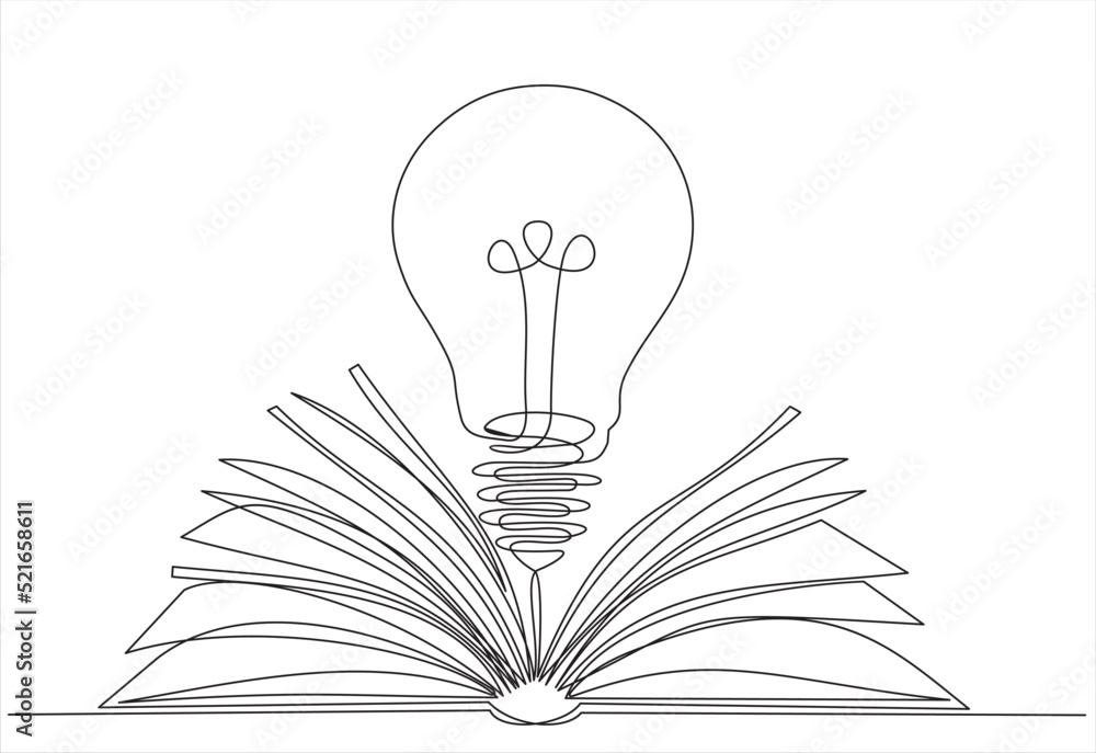 One single line drawing of shining light bulb above open text book logo ...