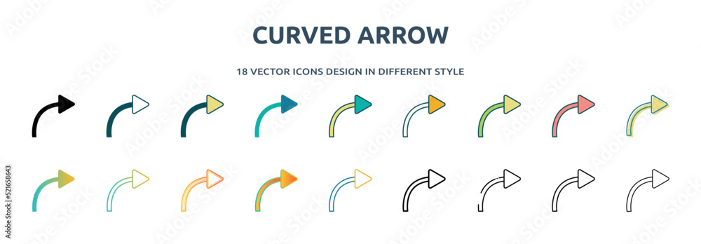 curved arrow icon in 18 different styles such as thin line, thick line ...