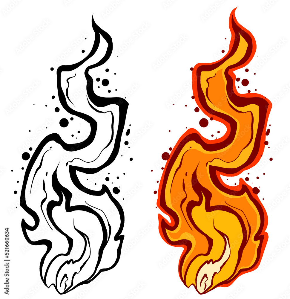 Cartoon hand drawn burning orange fire flames. Isolated on white ...