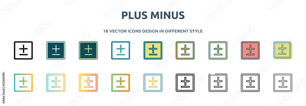 plus minus icon in 18 different styles such as thin line, thick line ...
