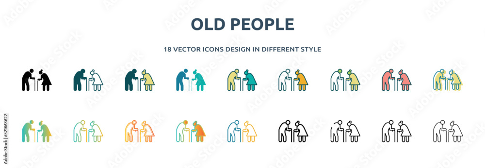 old people icon in 18 different styles such as thin line, thick line ...