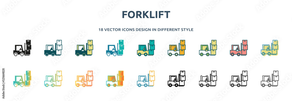 forklift icon in 18 different styles such as thin line, thick line, two ...