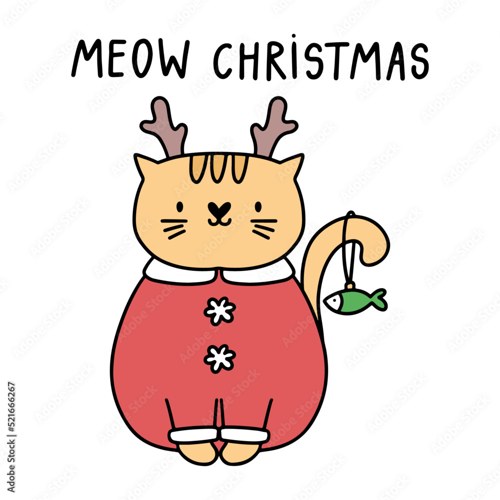Cartoon cat character with Meow Christmas quote. Doodle vector illustration. Kawaii character ...