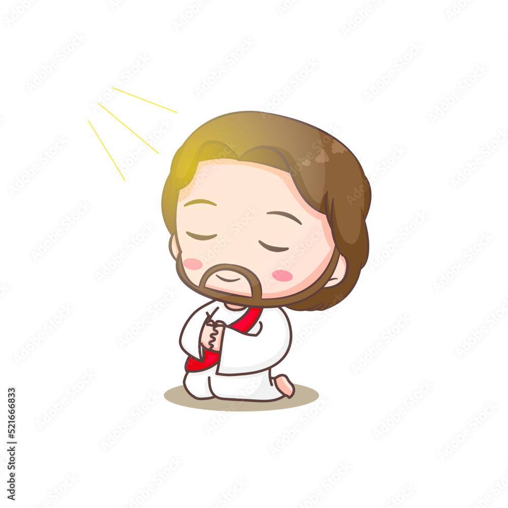 Cute Jesus kneeling and praying. Chibi cartoon character isolated white ...