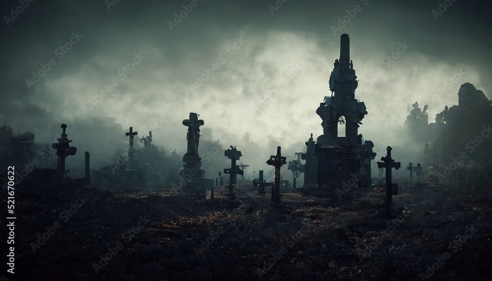 Gloomy night cemetery, stone monuments. Sky with clouds, fog. Dramatic ...
