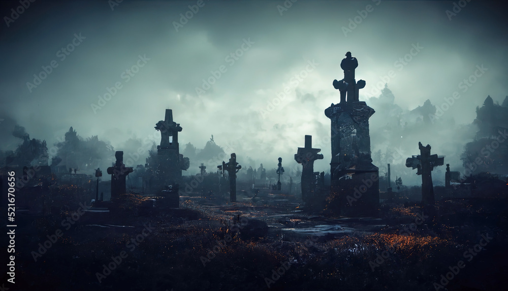 Gloomy night cemetery, stone monuments. Sky with clouds, fog. Dramatic ...